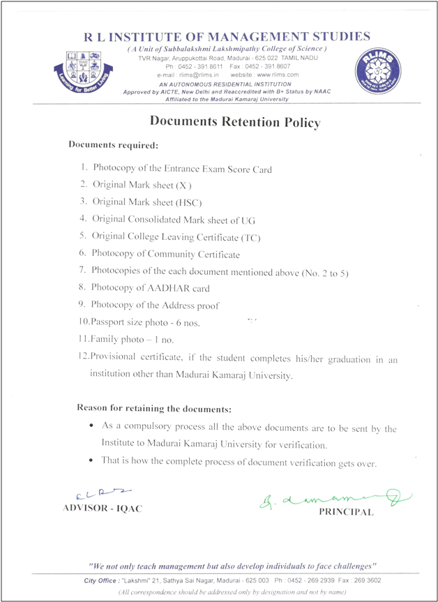Document Retention Policy - MBA - RL Institute of Management Studies ...